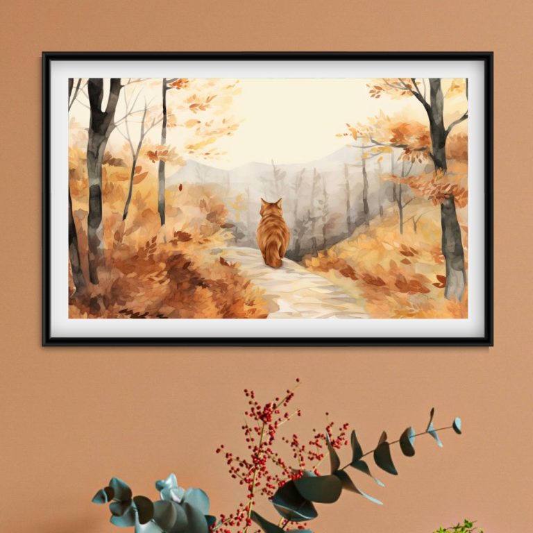 Ginger Cat in Autumn Wall Art in Muted Watercolors (Printable) - HAPPY ...